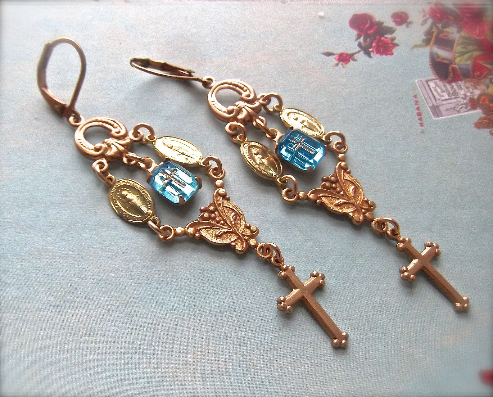 Cross Chandelier, Blue and Gold, Religious Earring, Long Gold Earring ...