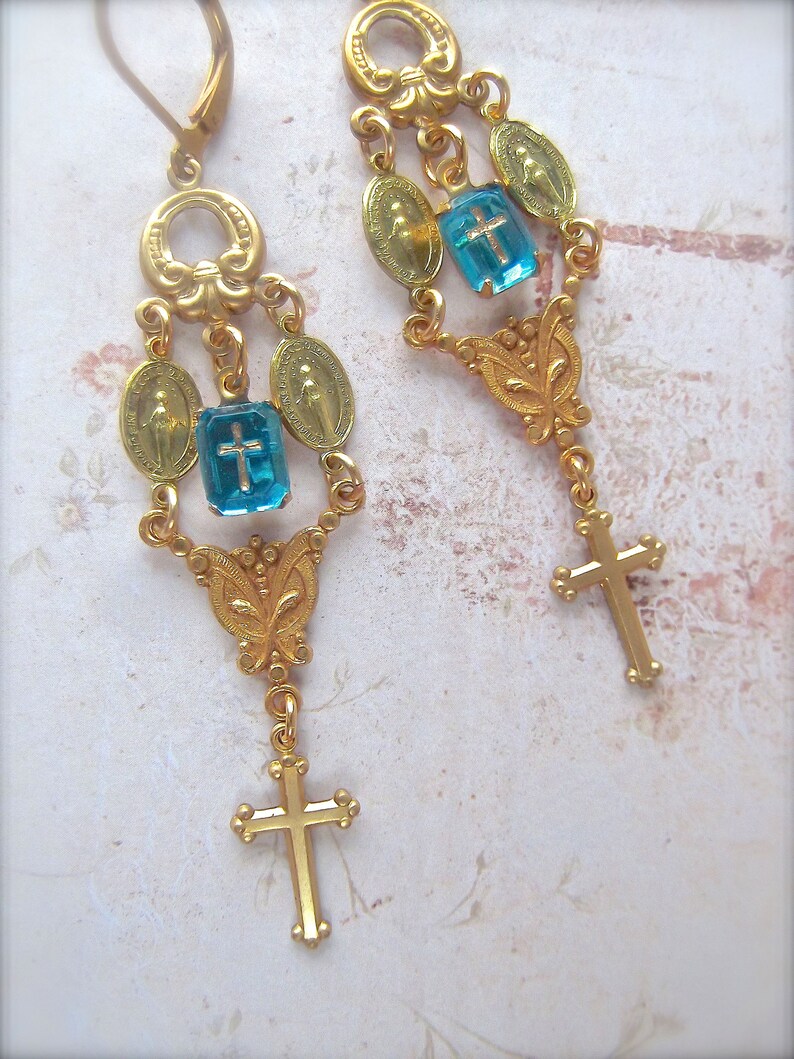 Cross Chandelier, Blue and Gold, Religious Earring, Long Gold Earring ...