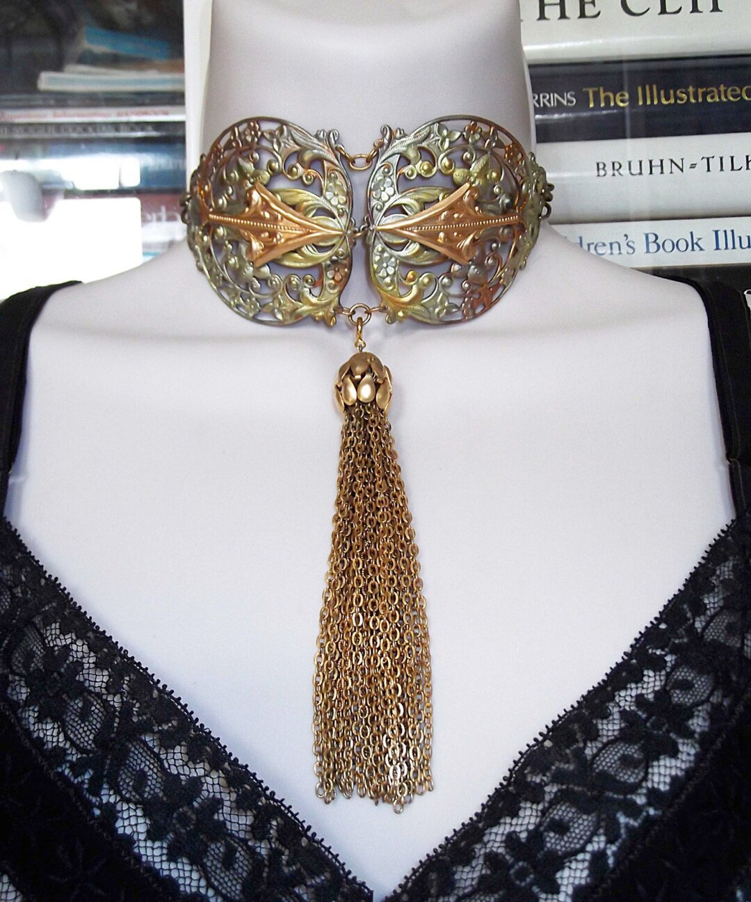 Victorian Choker,3 Looks,torch Painted Brass,vintage Tassel,caged Faux ...