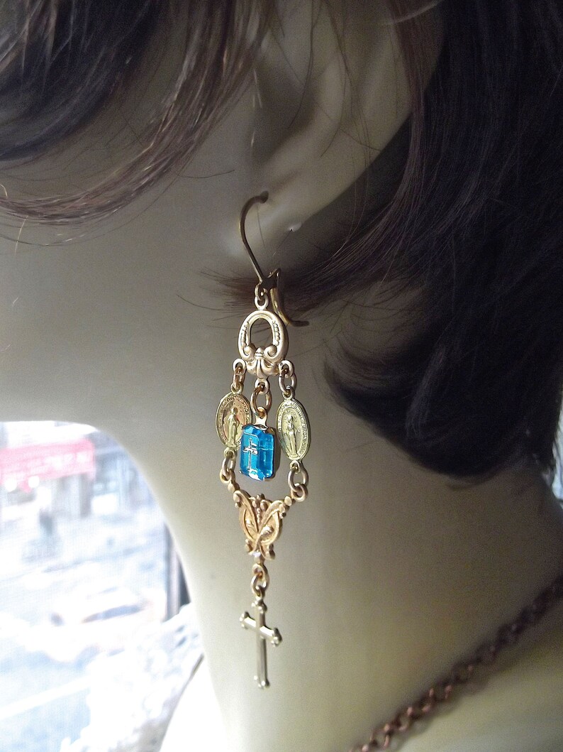 Cross Chandelier, Blue and Gold, Religious Earring, Long Gold Earring ...