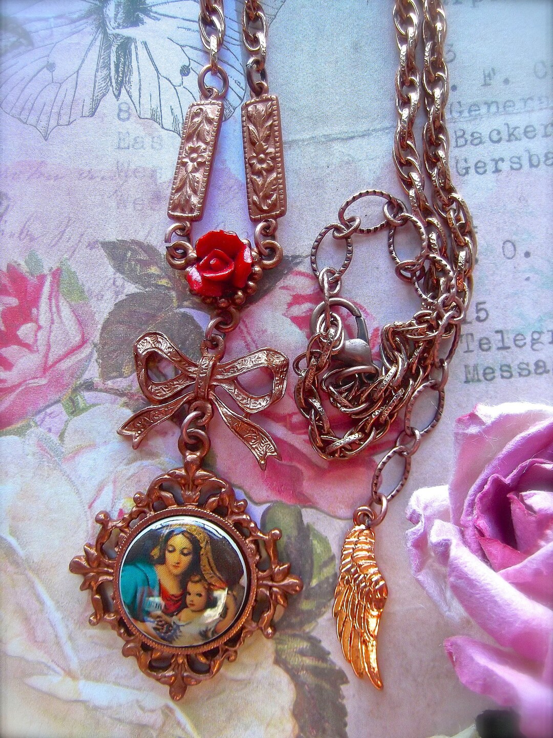Red Ceramic Rose, Mary & Jesus Pendant, Bsue by 1928, Vintage Rope ...