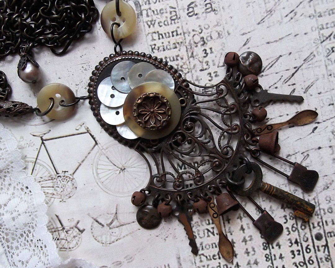 Rusty Black, Victorian Frame, MOP Buttons and Key and Spoon Charms ...