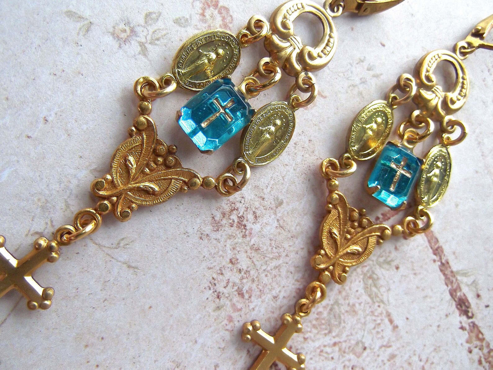 Cross Chandelier, Blue and Gold, Religious Earring, Long Gold Earring ...