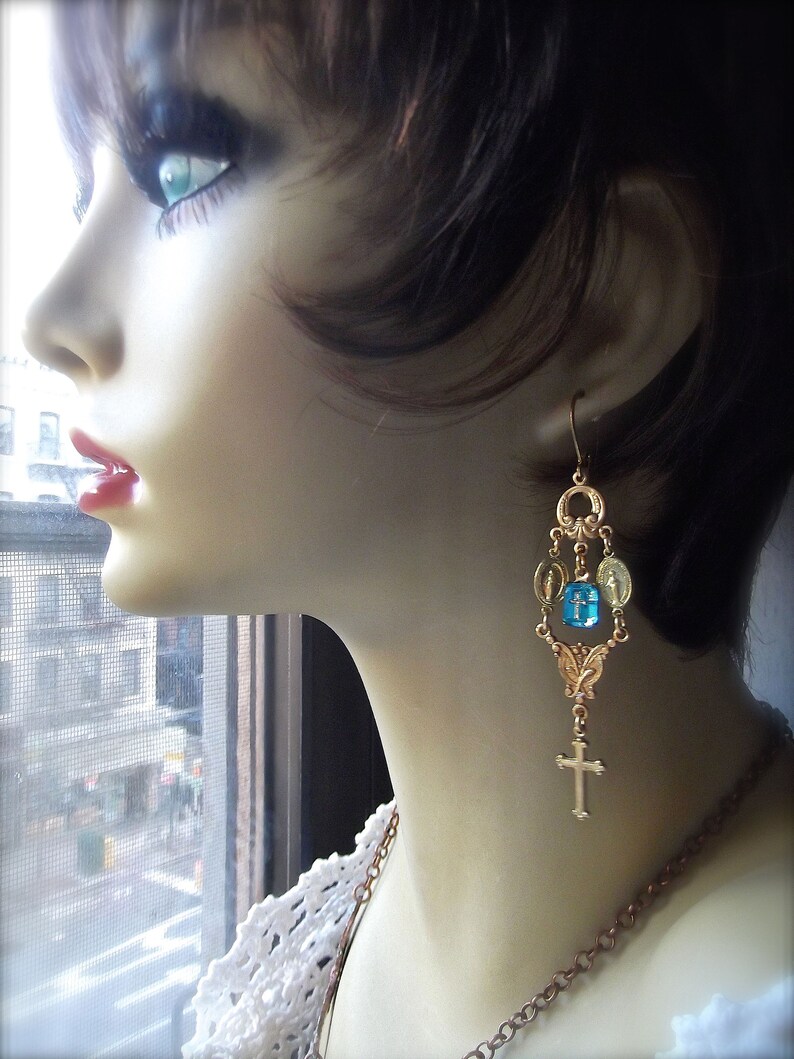 Cross Chandelier Blue and Gold Religious Earring Long Gold - Etsy
