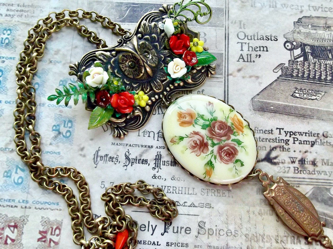 Flower Assemblage, Owl and Flowers, Pendant Brooche, Brooche Necklace ...