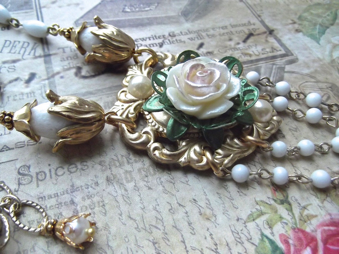 Victorian Heart, Embossed Brass, Rose and Greens, Romantic Pendant ...
