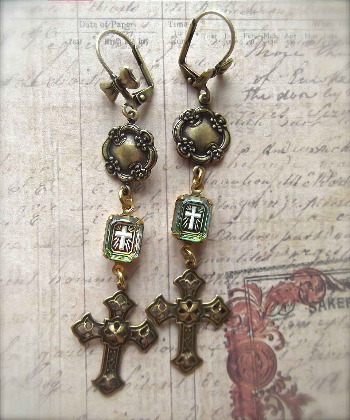 Long Cross Crystal, Cross Crystals,filigree Cross Earrings,brass Ox ...