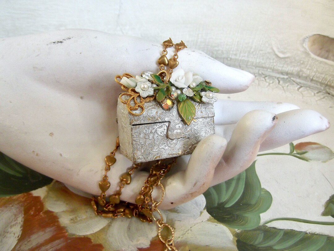 White Box Locket, Floral Box Pendant, Romantic Locket, Wedding Box ...