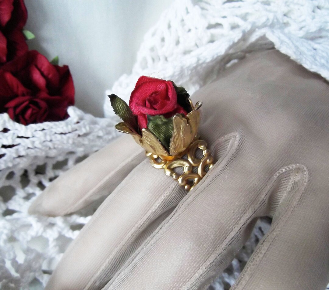 Golden Rose Ring, Red Rose Ring, Large Rose Ring, Brass Tulip Cap ...