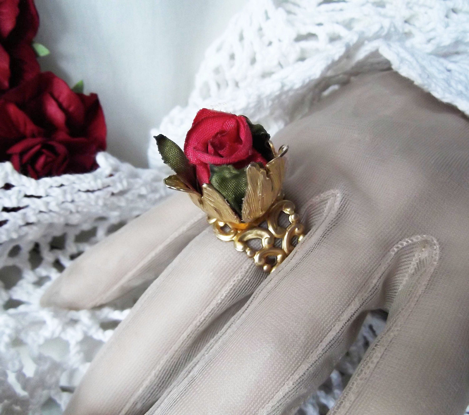 Golden Rose Ring Red Rose Ring Large Rose Ring Brass Tulip | Etsy