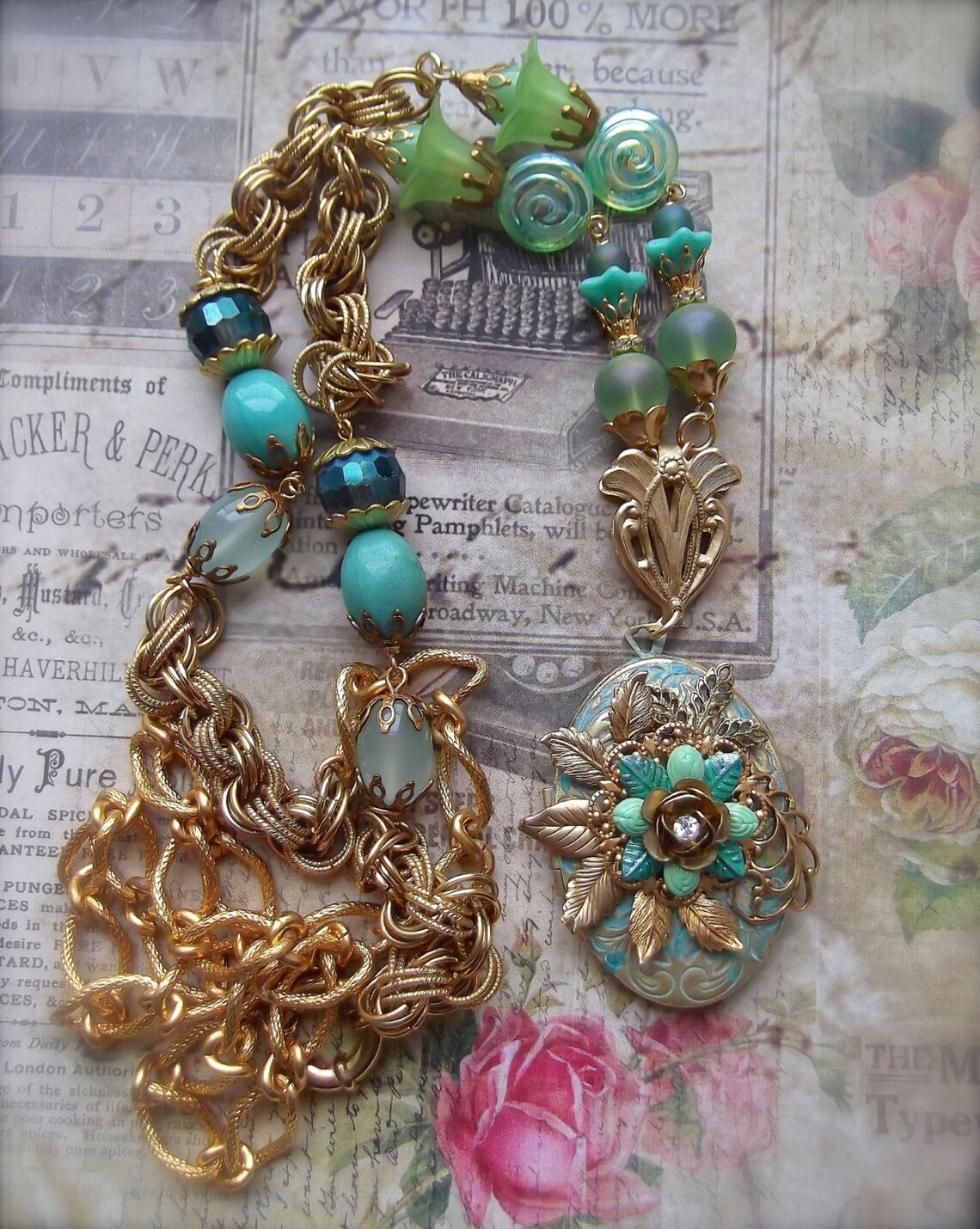 Floral Locketvintage Chain Locketassemblage Locketbeaded - Etsy