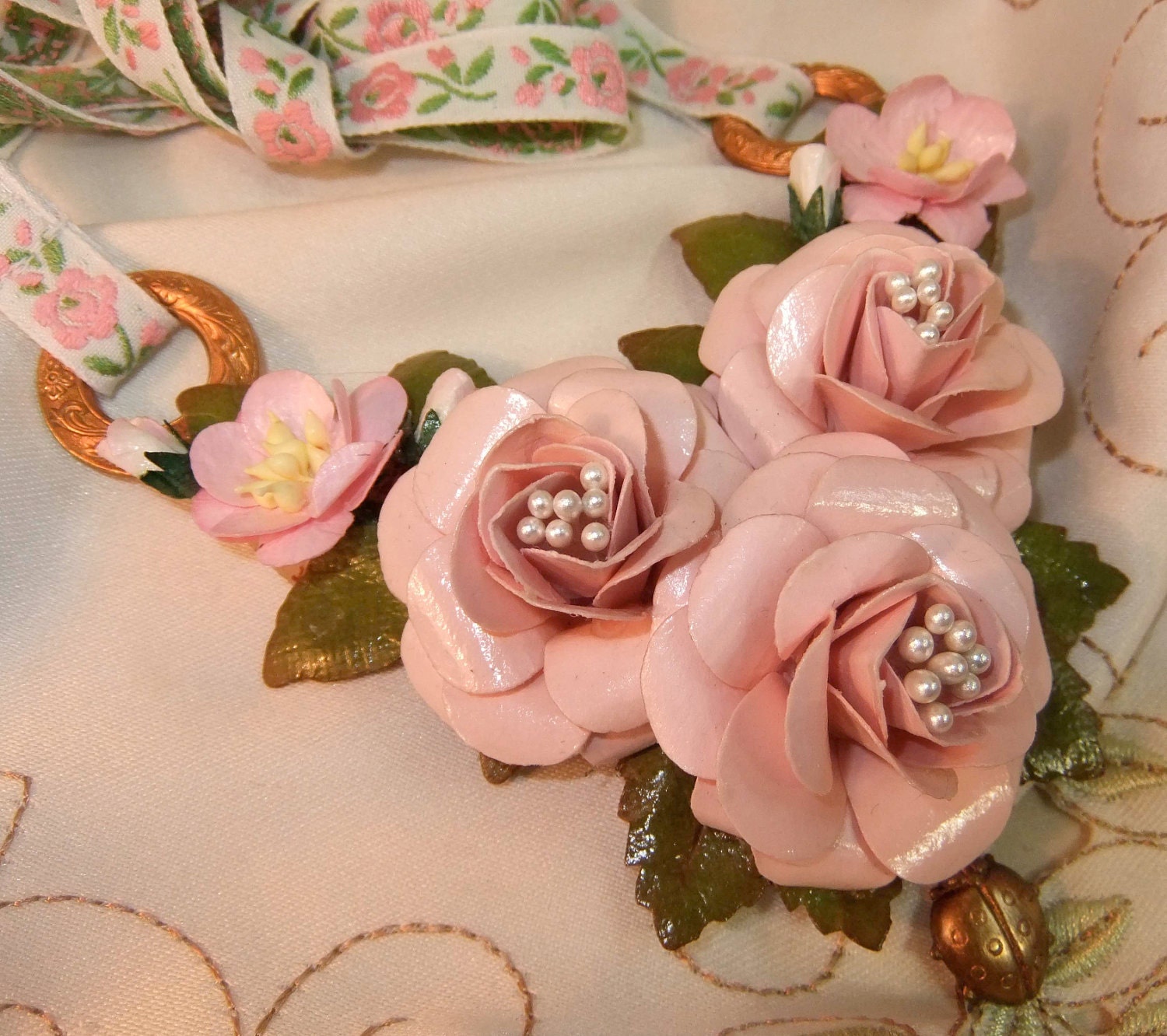 Pink Roses Leaves Vintage Floral Ribbon Bib NecklaceGarden | Etsy