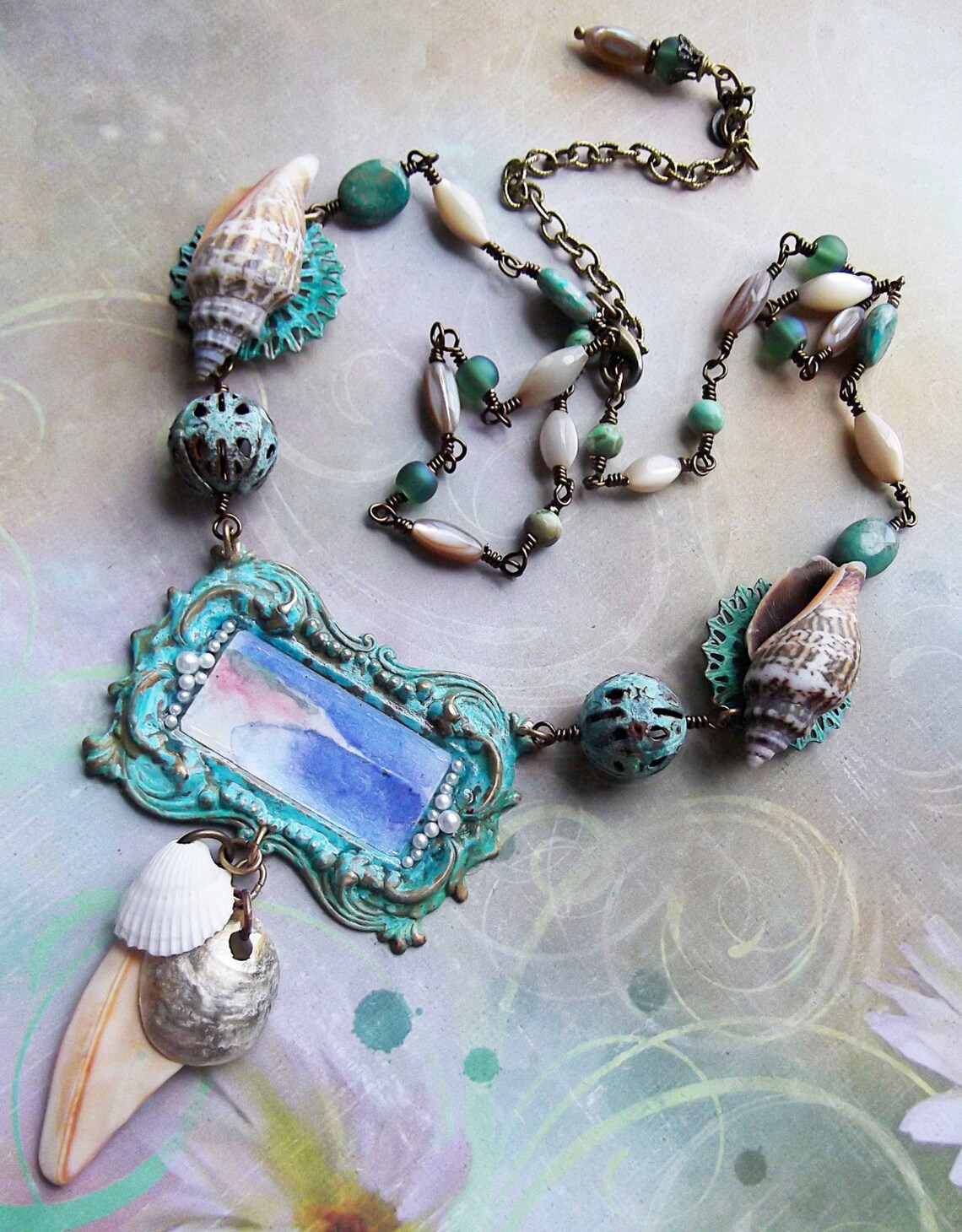 Montauk Memories Verdigris Brass Shell Turquoise MOP Wire - Etsy