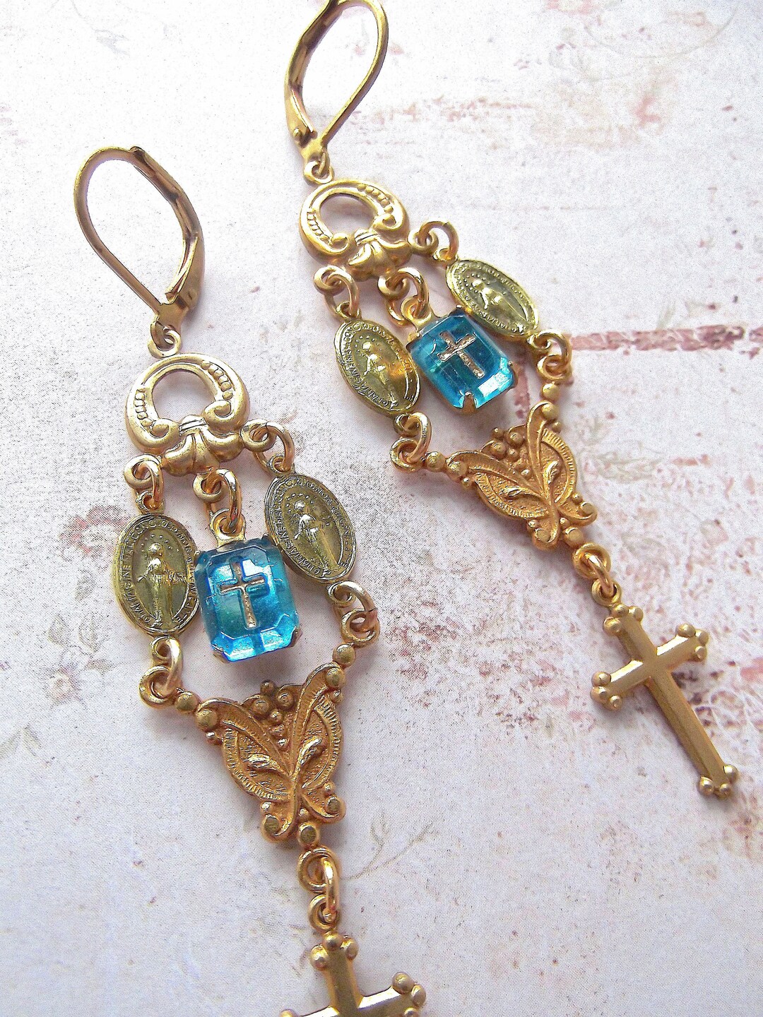 Cross Chandelier Blue and Gold Religious Earring Long Gold - Etsy