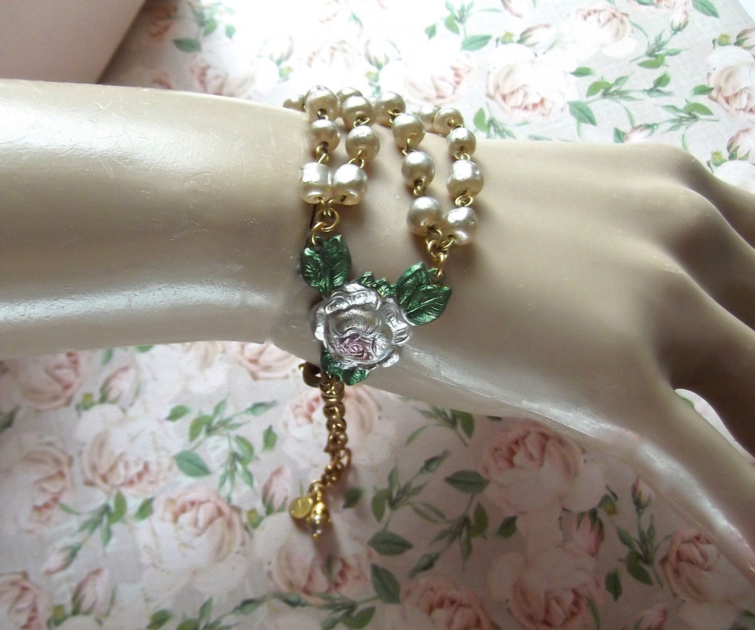 Multi Strand, White Roses, Vintage Rosary Chain, Hand Painted, Cream ...