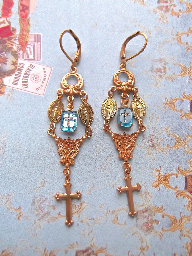 Cross Chandelier, Blue and Gold, Religious Earring, Long Gold Earring ...