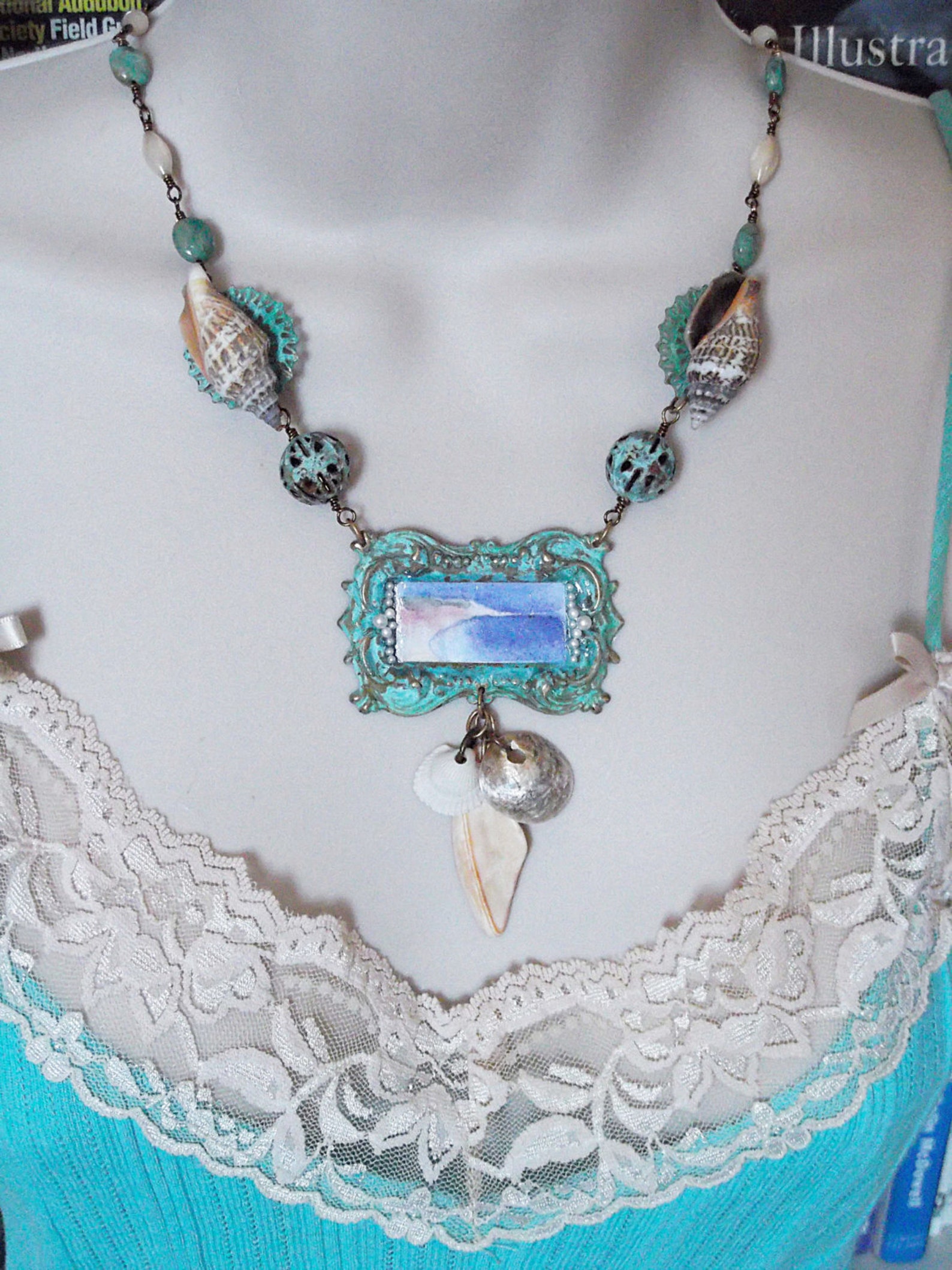 Montauk Memories Verdigris Brass Shell Turquoise MOP Wire - Etsy