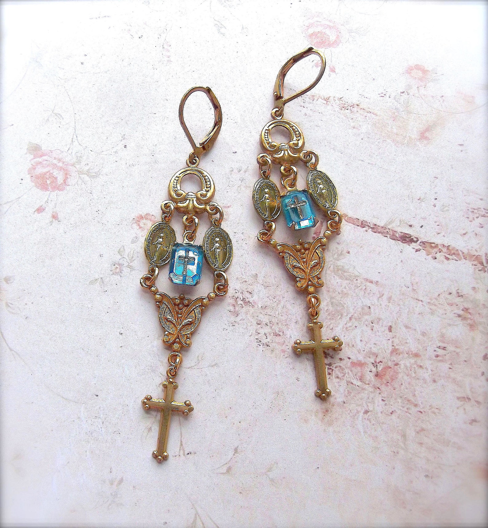 Cross Chandelier, Blue and Gold, Religious Earring, Long Gold Earring ...