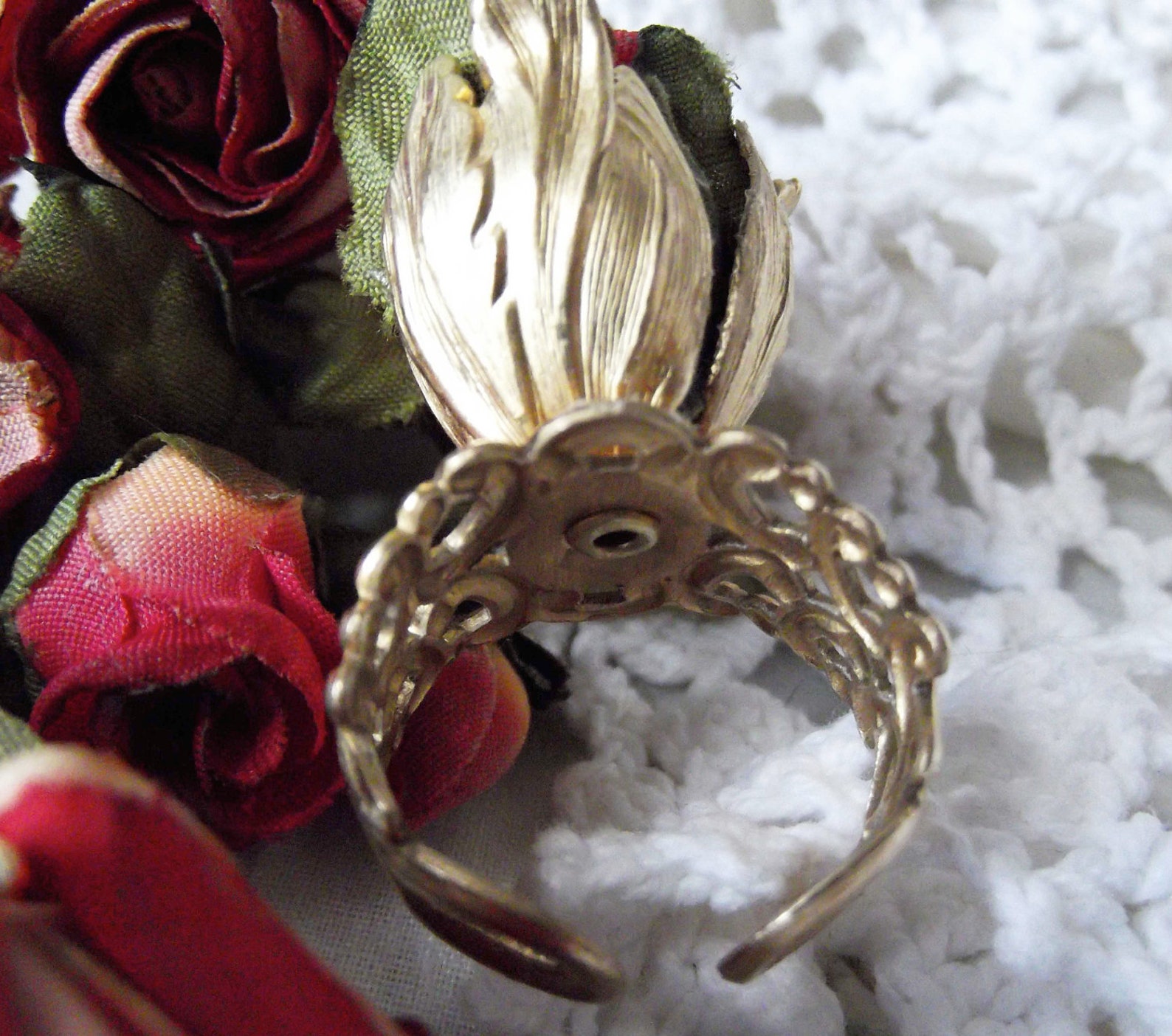 Golden Rose Ring, Red Rose Ring, Large Rose Ring, Brass Tulip Cap ...