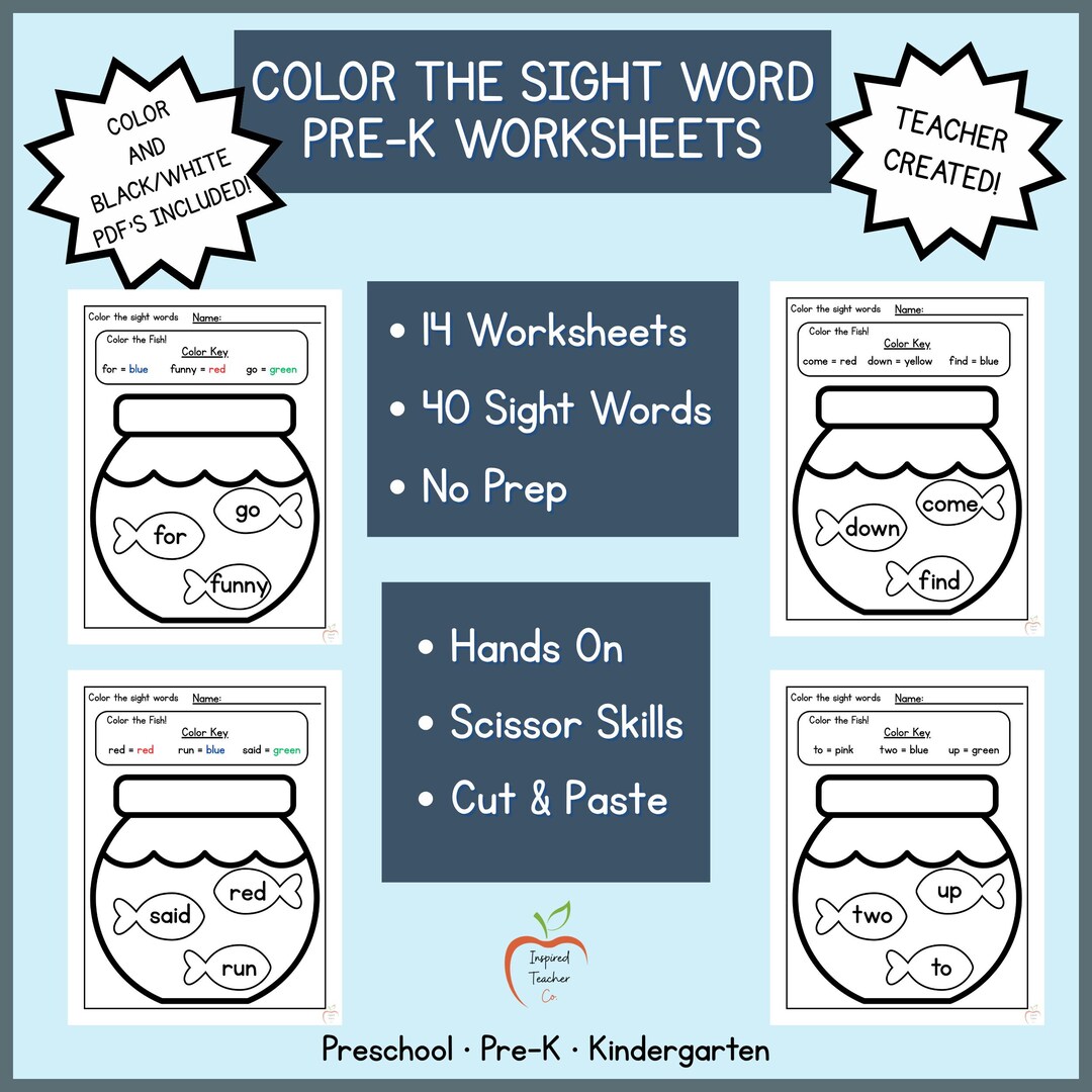 Pre-k Sight Words Color the Sight Word Worksheets | Dolch Kindergarten ...