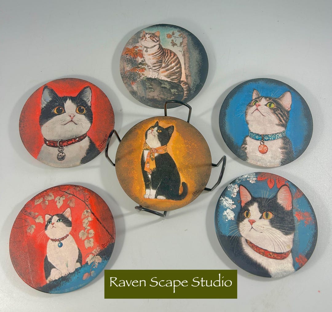 Ceramic Cat Coaster Set - Etsy