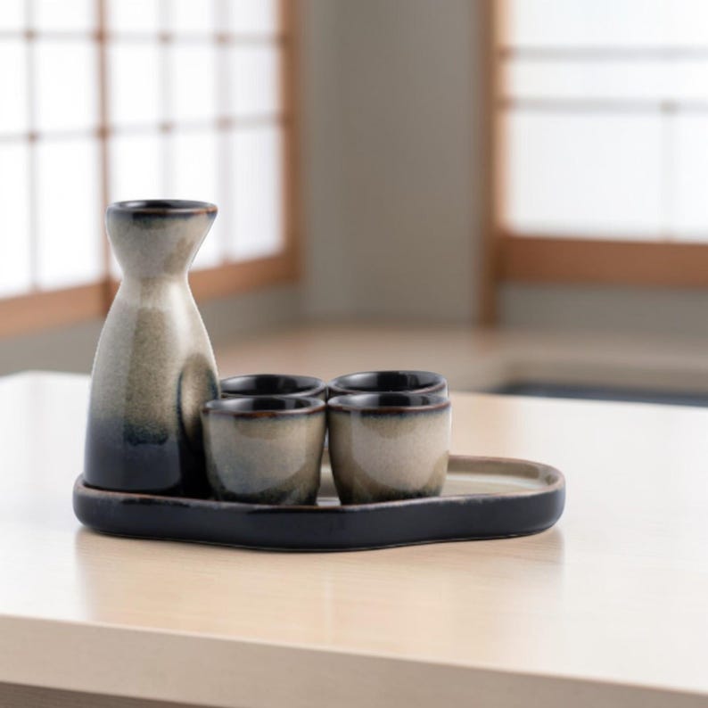 Japanese Sake Set With Tray | Handmade Blue Glaze Ceramic Carafe and ...