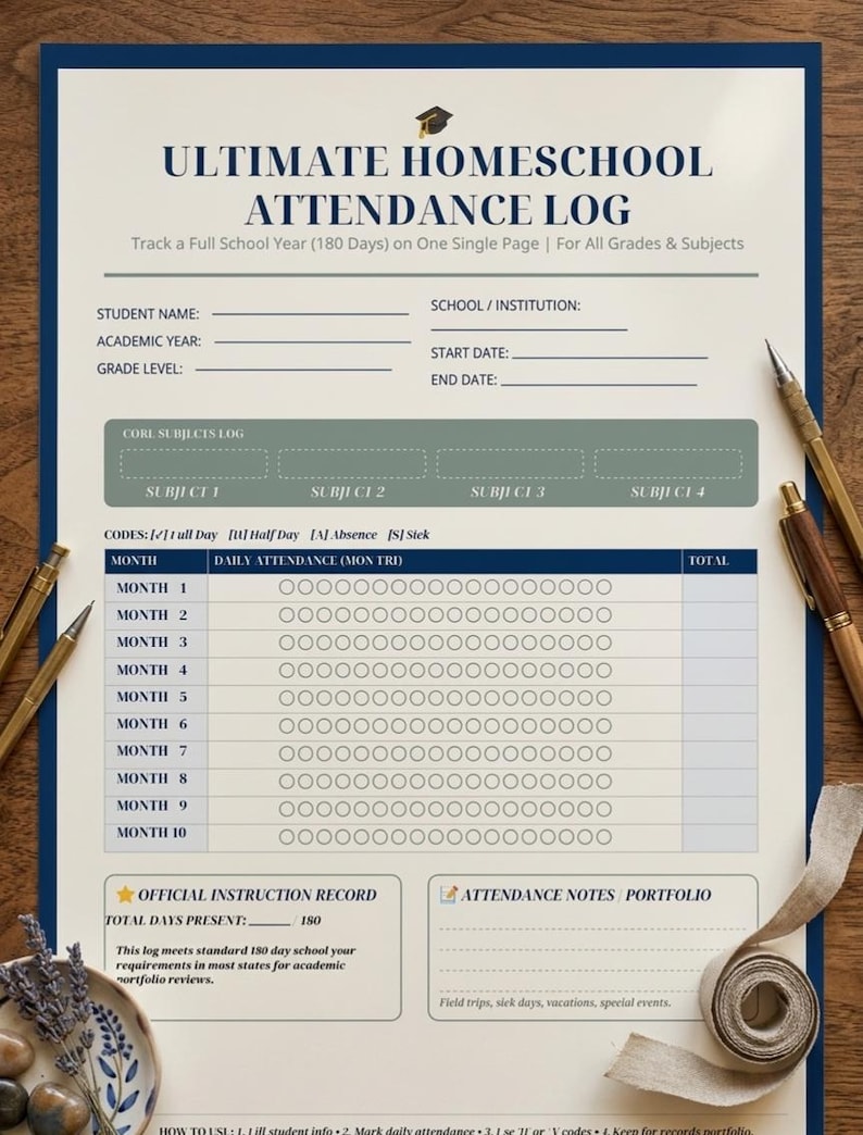 Homeschool Attendance Log, Printable Tracker, A4 Letter Size - Etsy