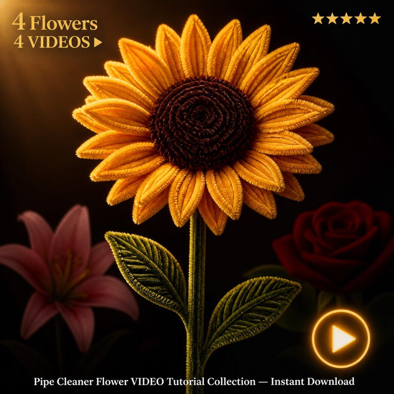Pipe Cleaner Flower Tutorial Bundle – 4 DIY Video Tutorials | Sunflower ...