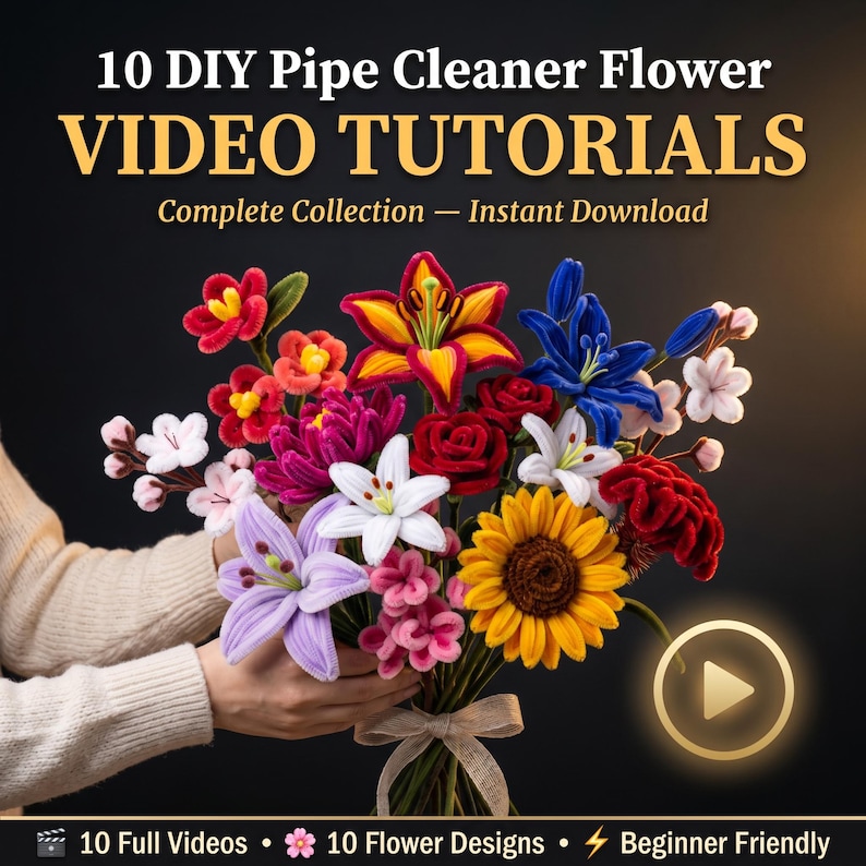 10 Pipe Cleaner Flower Video Tutorials – Complete DIY Bundle | Rose ...