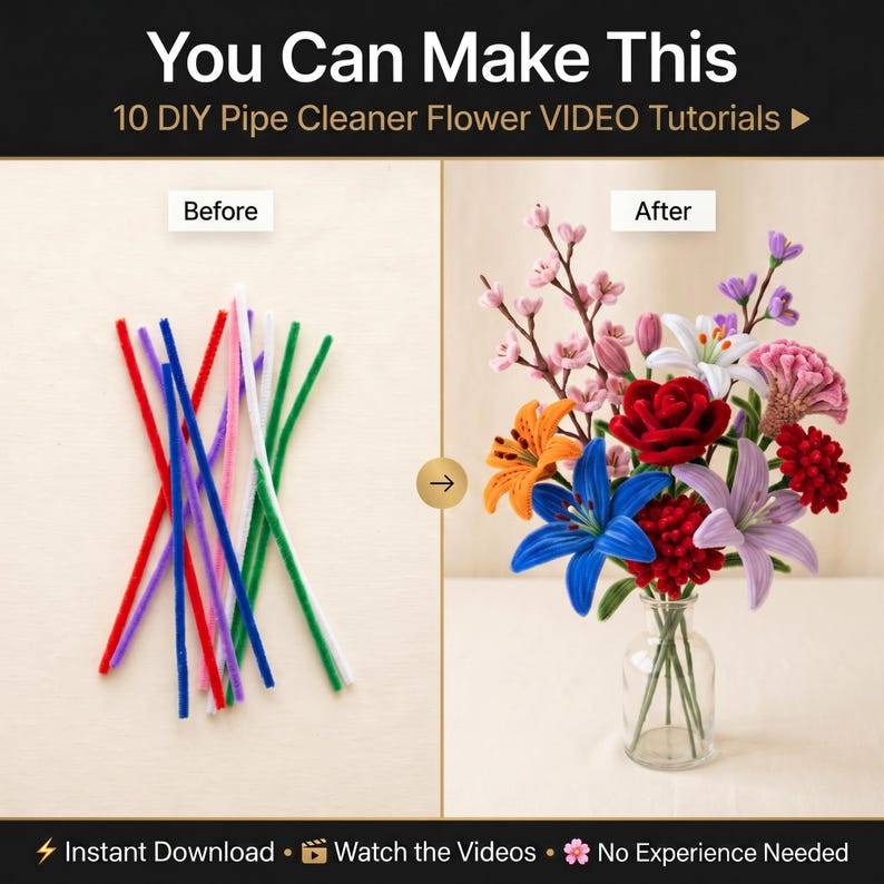 10 Pipe Cleaner Flower Video Tutorials – Complete DIY Bundle | Rose ...