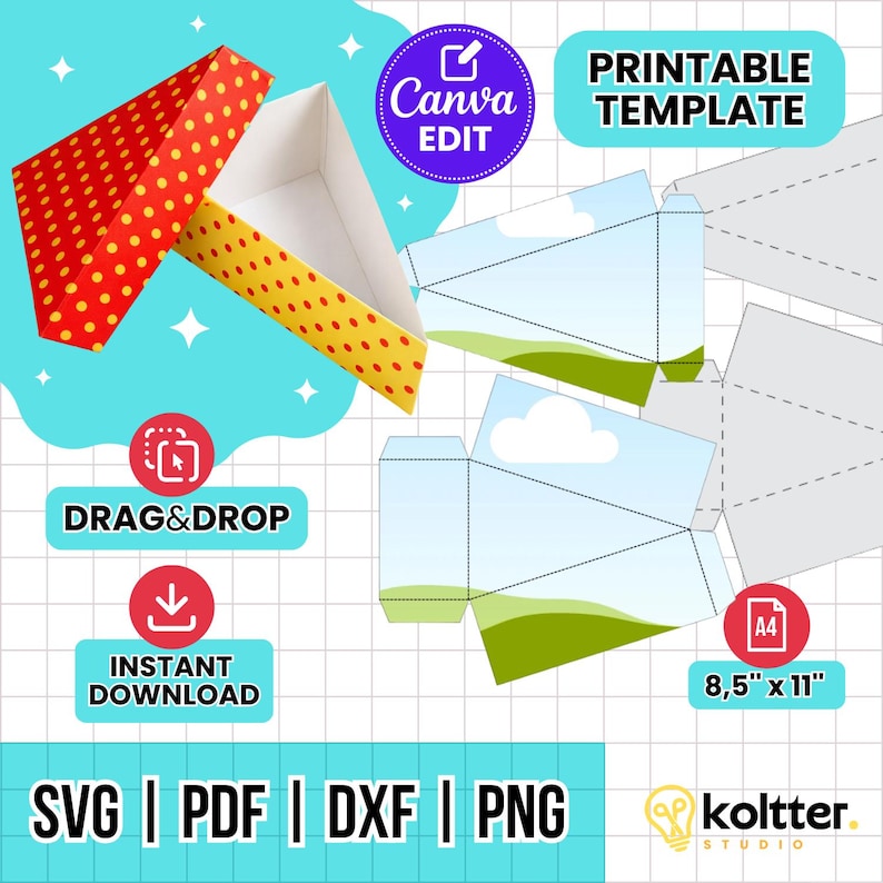 Triangle Box Template | Cake Slice Packaging | Canva Editable Cut File ...