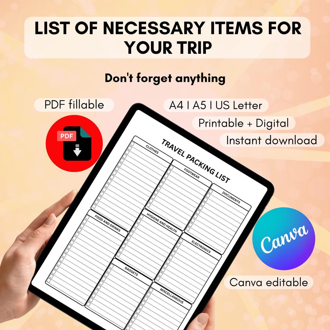 Travel, Vacation Packing List Checklist Template, Canva PDF PNG ...