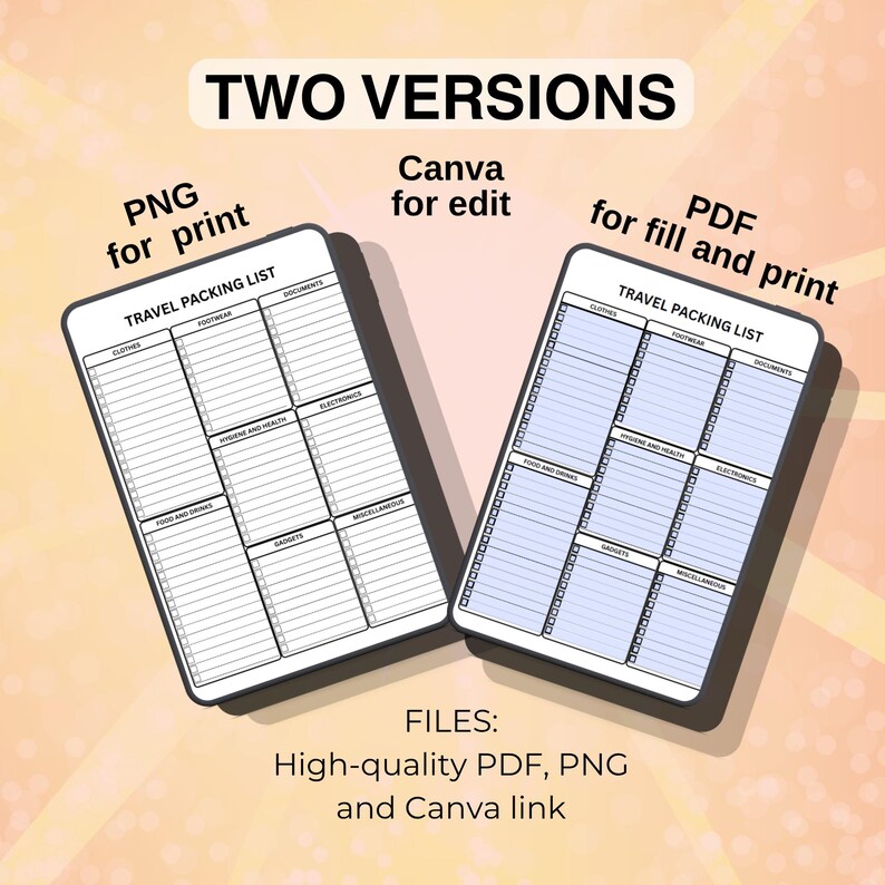Travel, Vacation Packing List Checklist Template, Canva PDF PNG ...