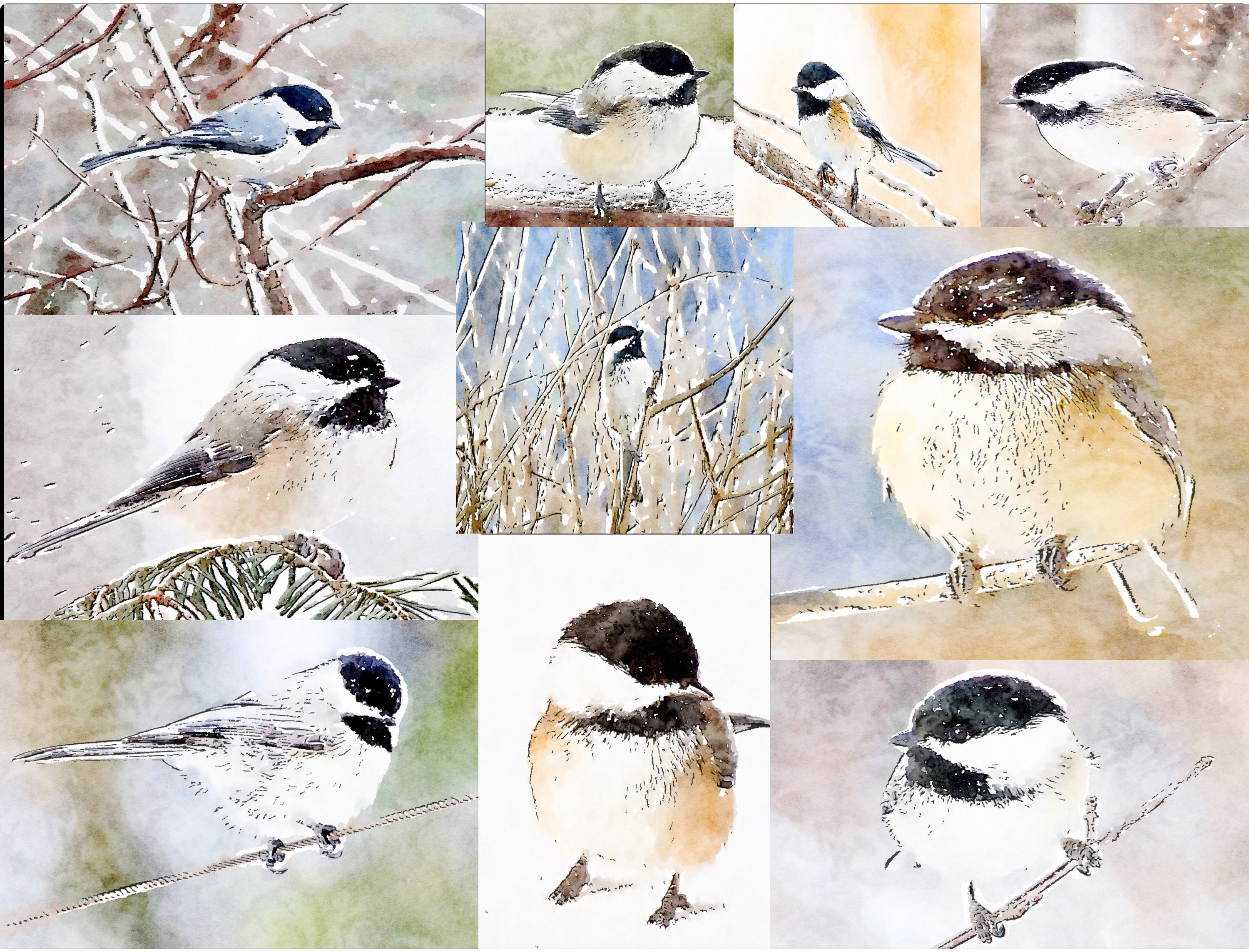 Collage of Primitive Paintings of Chickadees in Winter - Notecards - Etsy