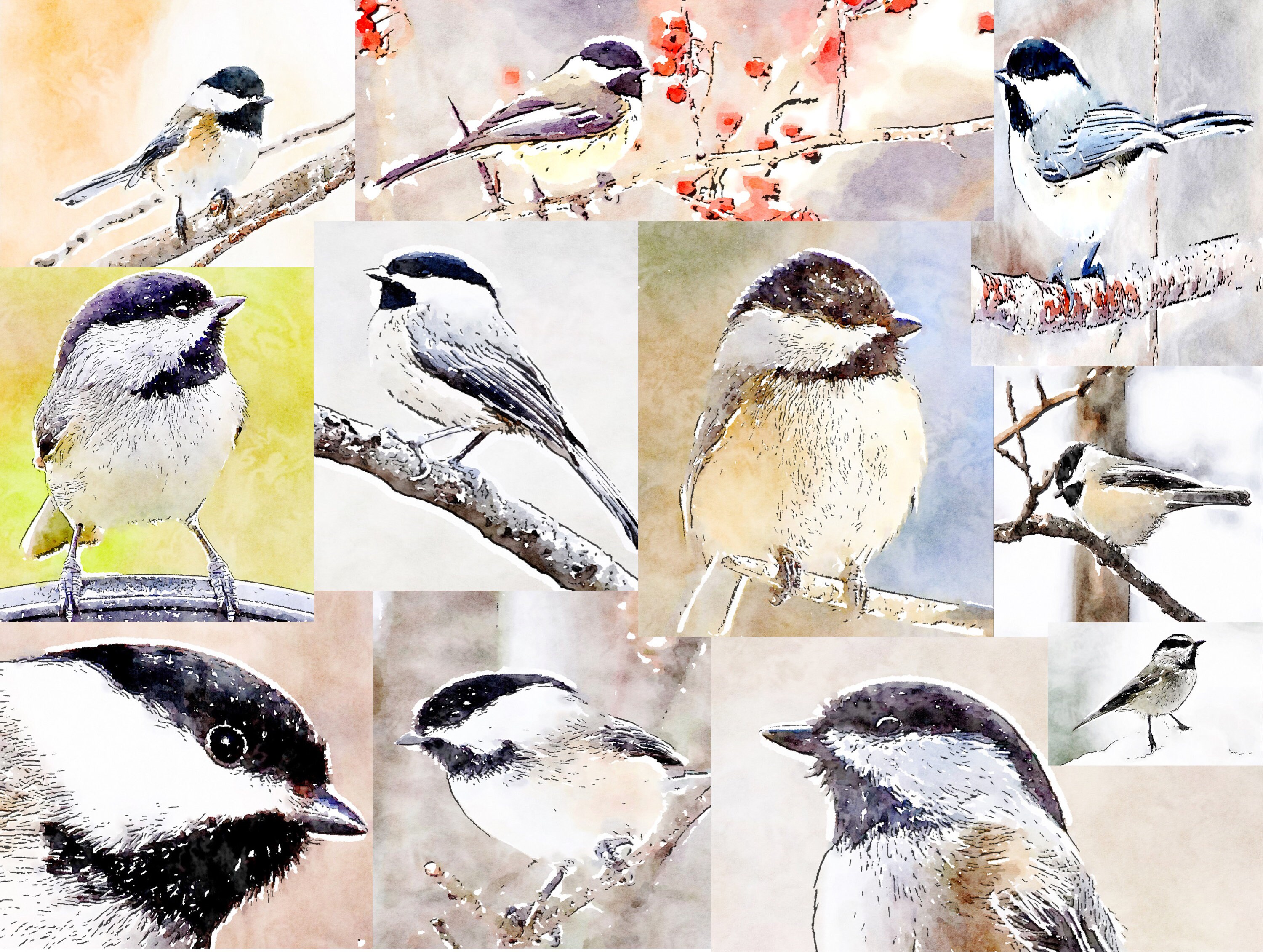 Collage of Primitive Paintings of Chickadees in Winter - Notecards - Etsy