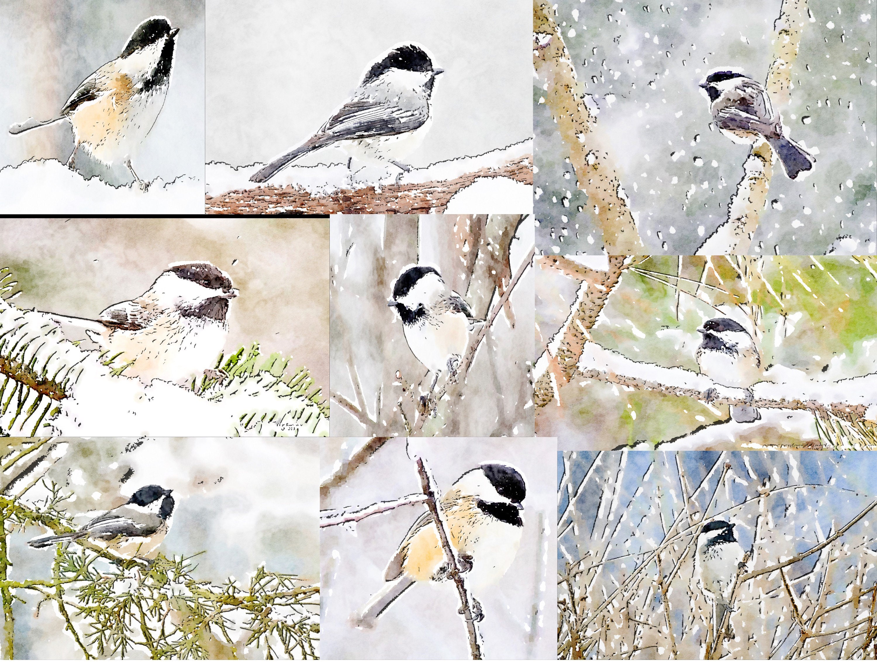 Collage of Primitive Paintings of Chickadees in Winter - Notecards - Etsy