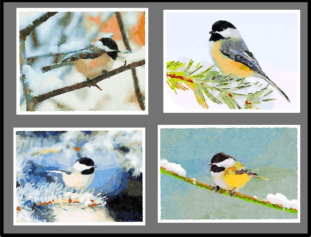 Primitive Paintings of Four Chickadees in Winter - Notecards - Etsy