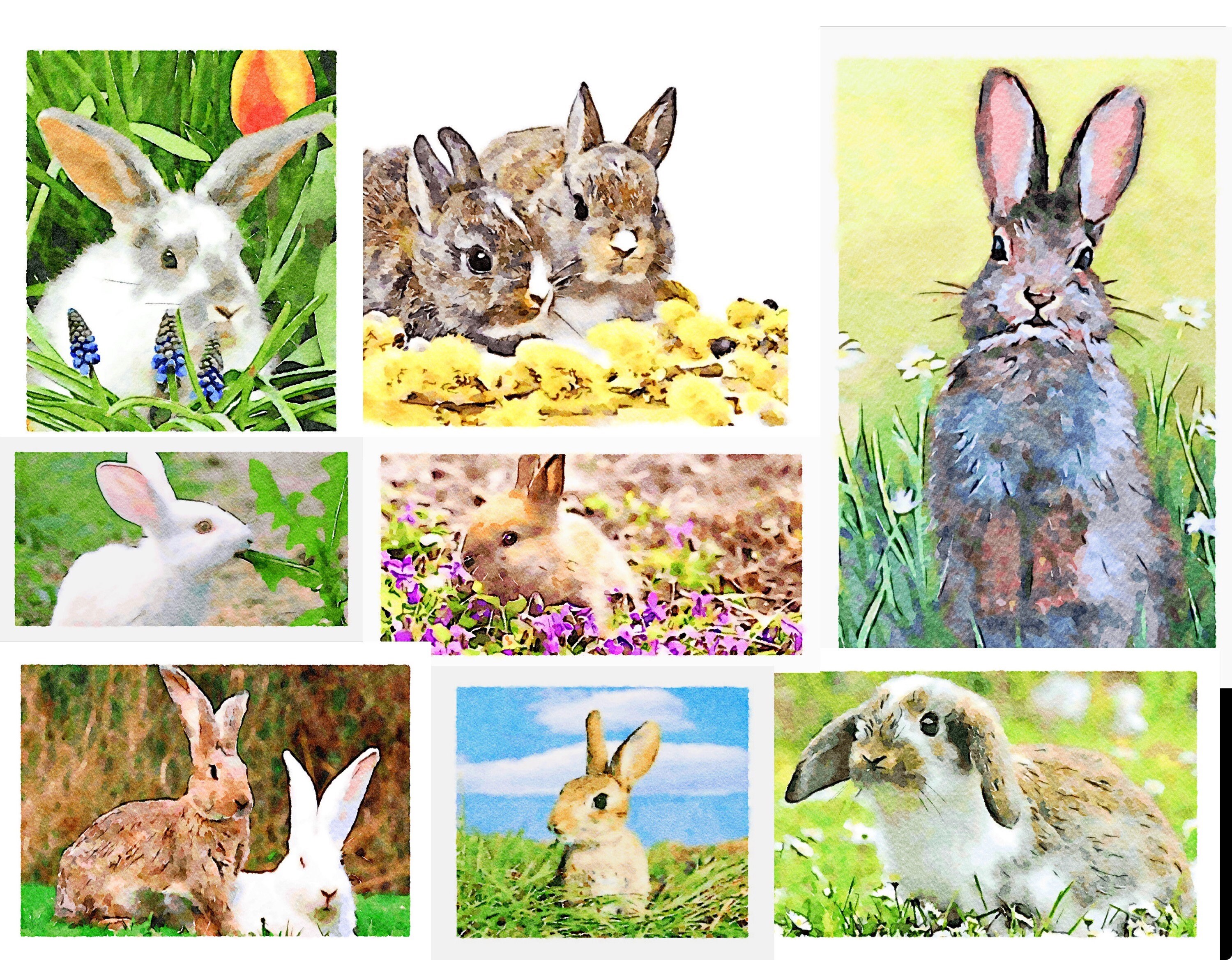 Watercolor Collage Painting of Rabbits Enjoying Summer - Notecards - Etsy