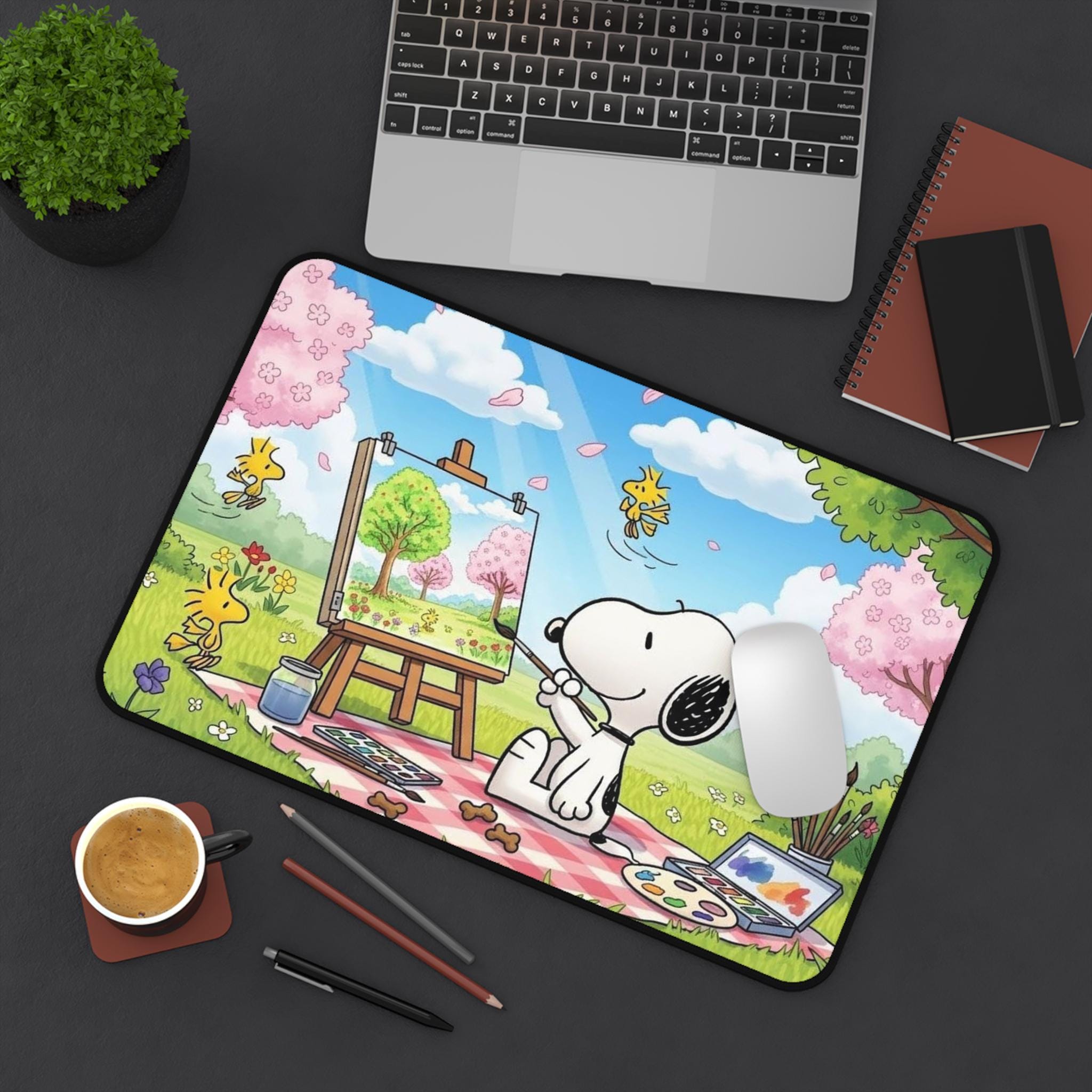 Snoopy Painting in Spring Desk Mat | Peanuts Floral Woodstock Art ...