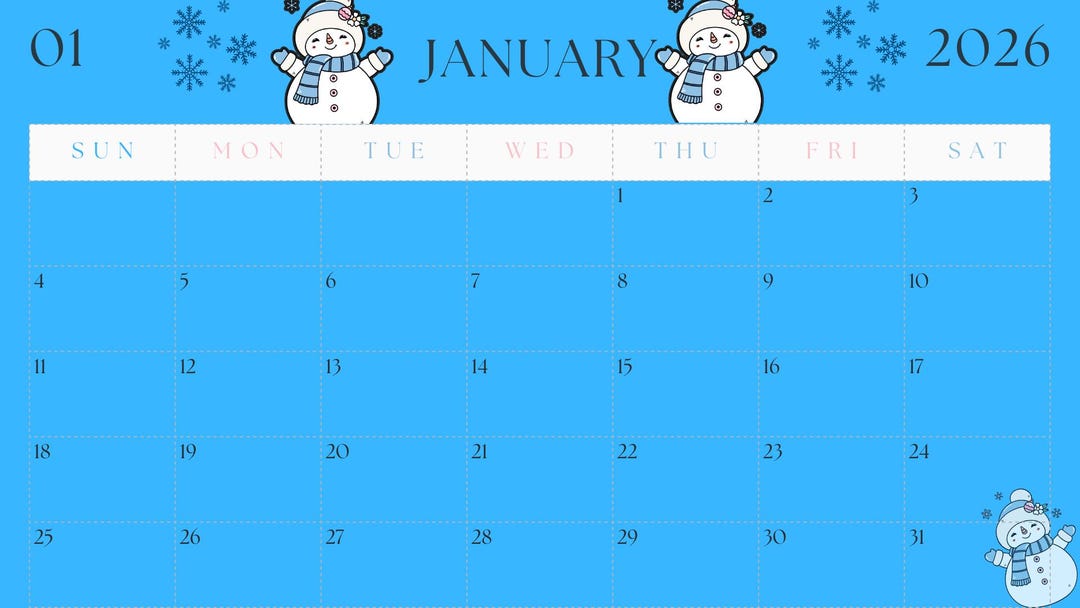 Snowman January 2026 Calendar Printable Planner (digital Download) - Etsy