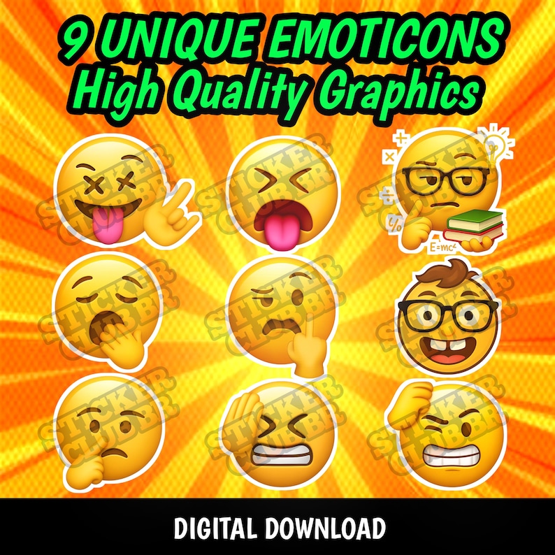 9 Unique Emoticons Pack High Quality Graphics for Messaging and Digital ...
