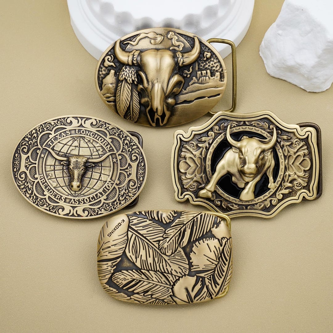 Vintage Western Cowboy Belt Buckle Set, Bronze Bull | Feather | Palm ...