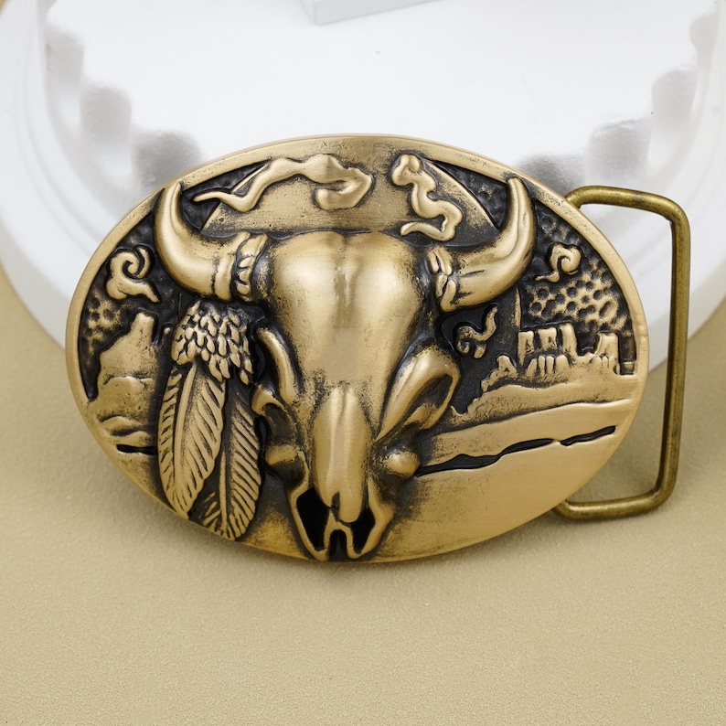 Vintage Western Cowboy Belt Buckle Set, Bronze Bull | Feather | Palm ...