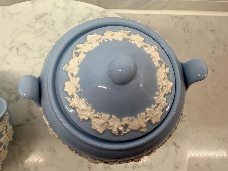Vintage Wedgwood Blue Embossed Queensware Creamer & Lidded Sugar Bowl ...
