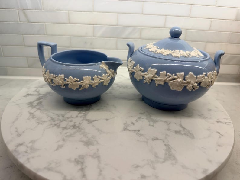 Vintage Wedgwood Blue Embossed Queensware Creamer & Lidded Sugar Bowl ...