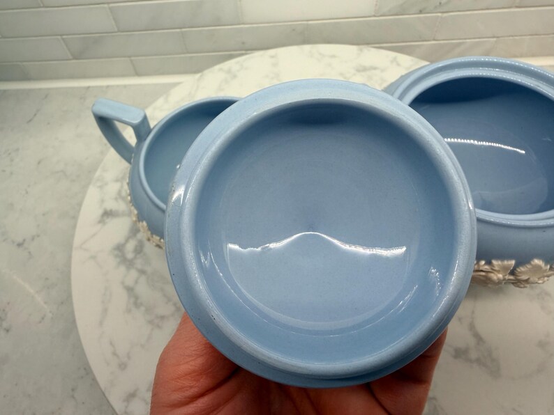 Vintage Wedgwood Blue Embossed Queensware Creamer & Lidded Sugar Bowl ...
