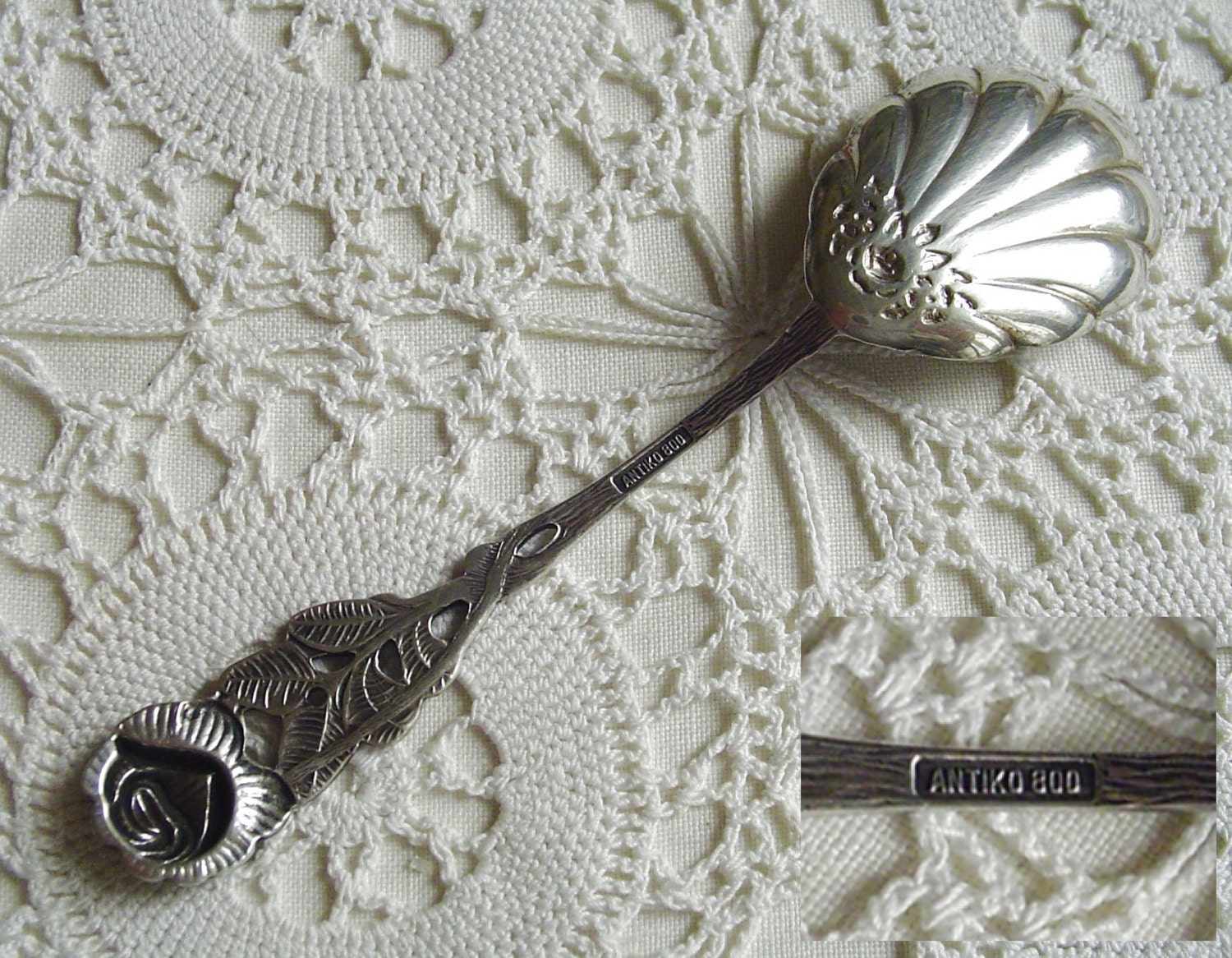HILDESHEIMER ROSE Pattern Shell-shaped Sugar Spoon 800 Silver ANTIKO ...