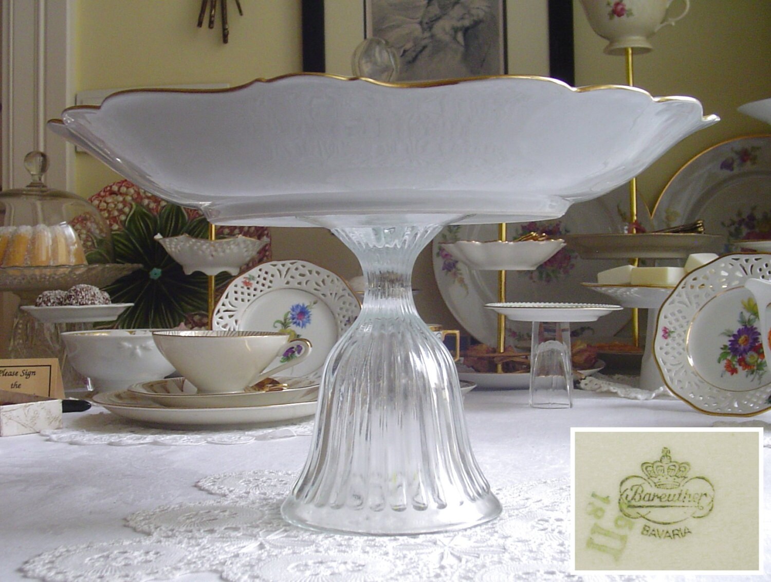 WWII Vintage - Large Square Pedestal Cake Stand - 5 Bouquets Festooned ...
