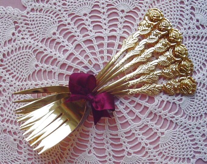6 Golden Rose Pattern Dessert Forks - Ornate Tea Party Forks - 20K Gold ...