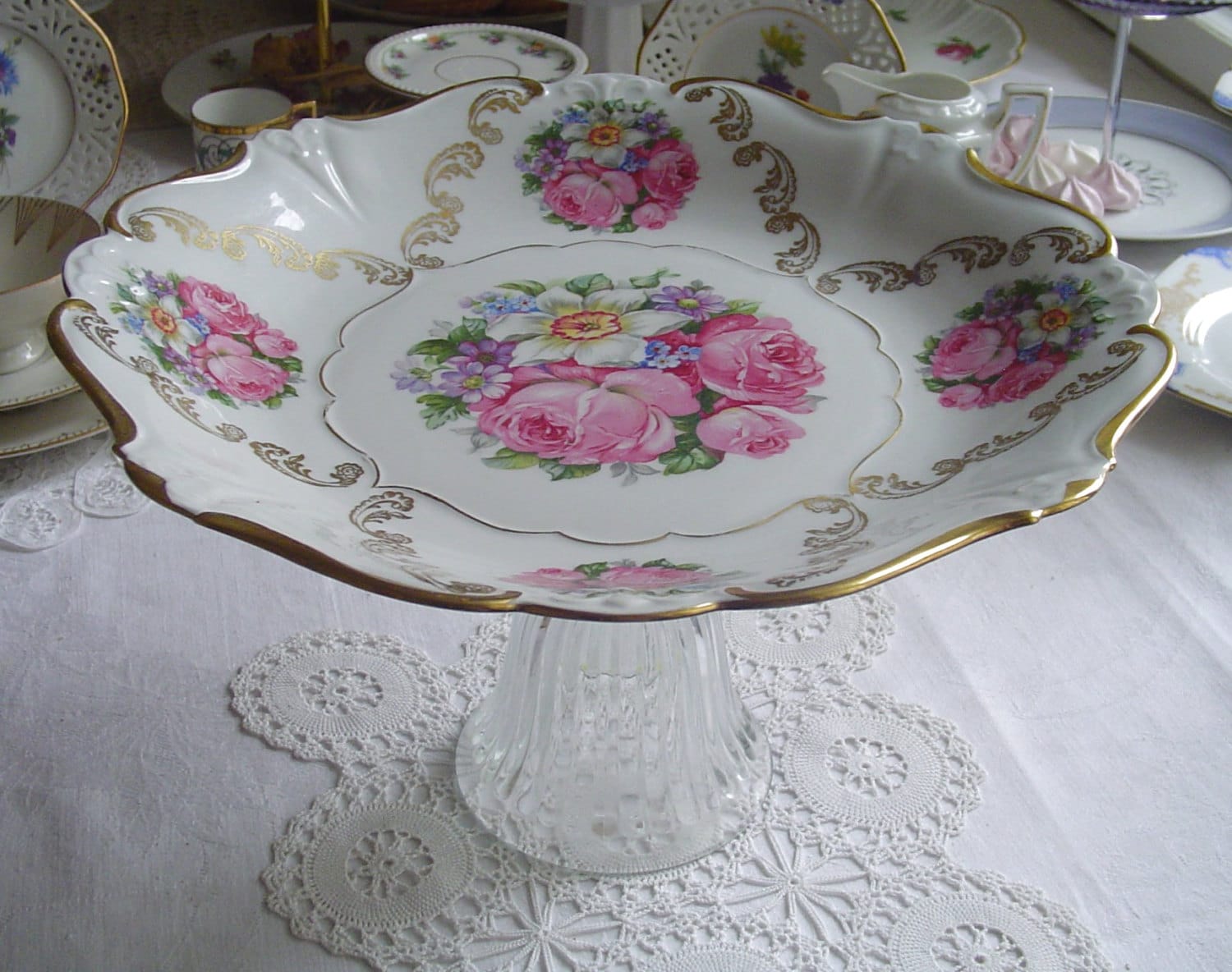 WWII Vintage - Large Square Pedestal Cake Stand - 5 Bouquets Festooned ...
